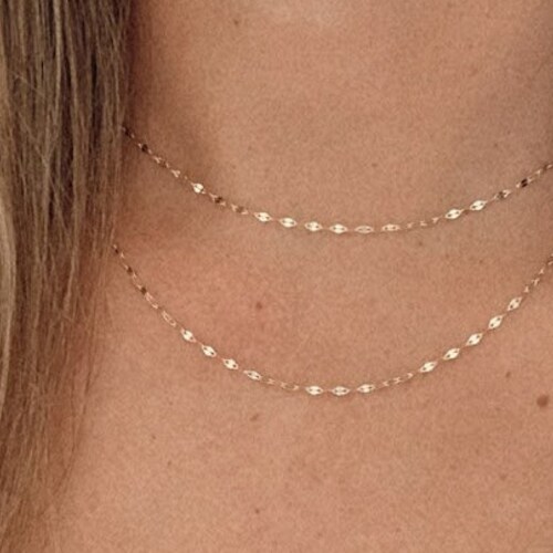 14k Solid Gold Sequin Faceted Chain Necklace Mirrored Dainty - Etsy
