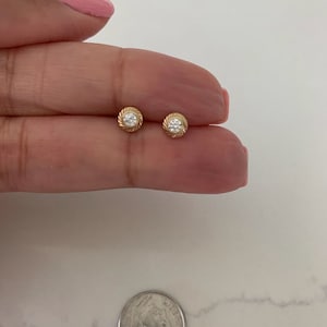 14K Yellow Gold DC Bezel Stud Earrings, Solitaire Earrings, Cubic Zirconia Studs, Dainty Diamond ...