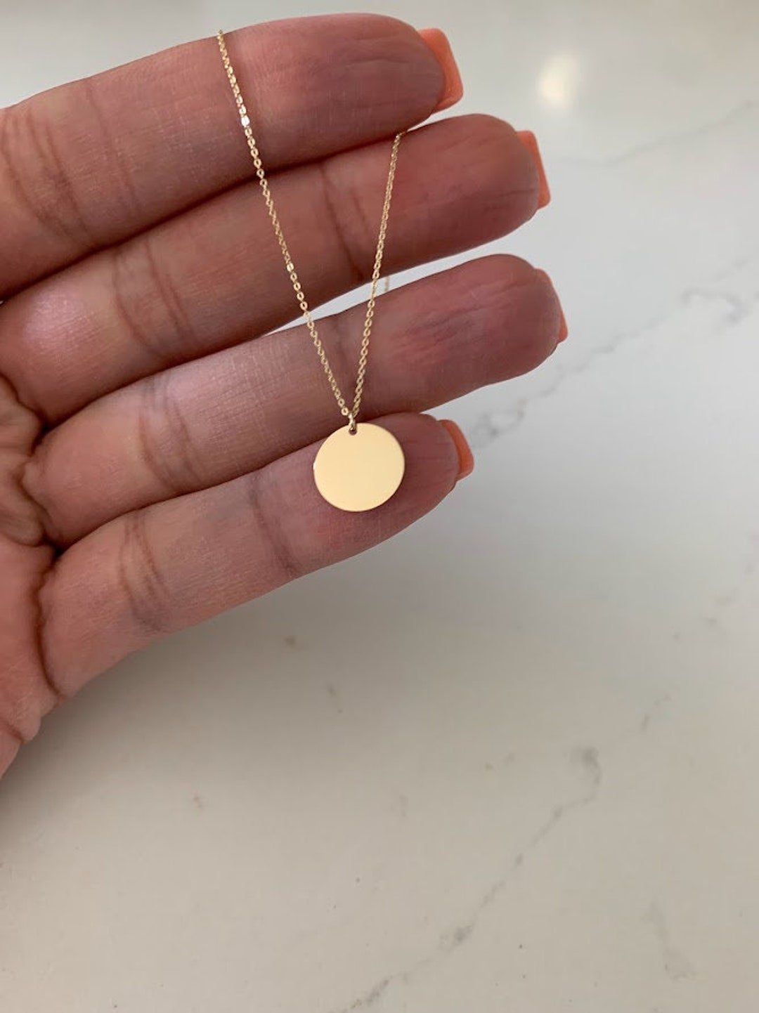 14K Solid Gold Disc Necklace, Round Engravable Disk in 14K Gold ...