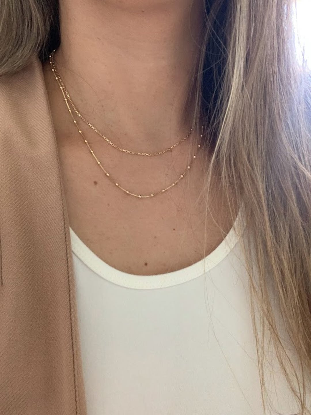 18K Gold Filled Beaded Satellite Necklace & Box Chain Duo, Gold Chain ...