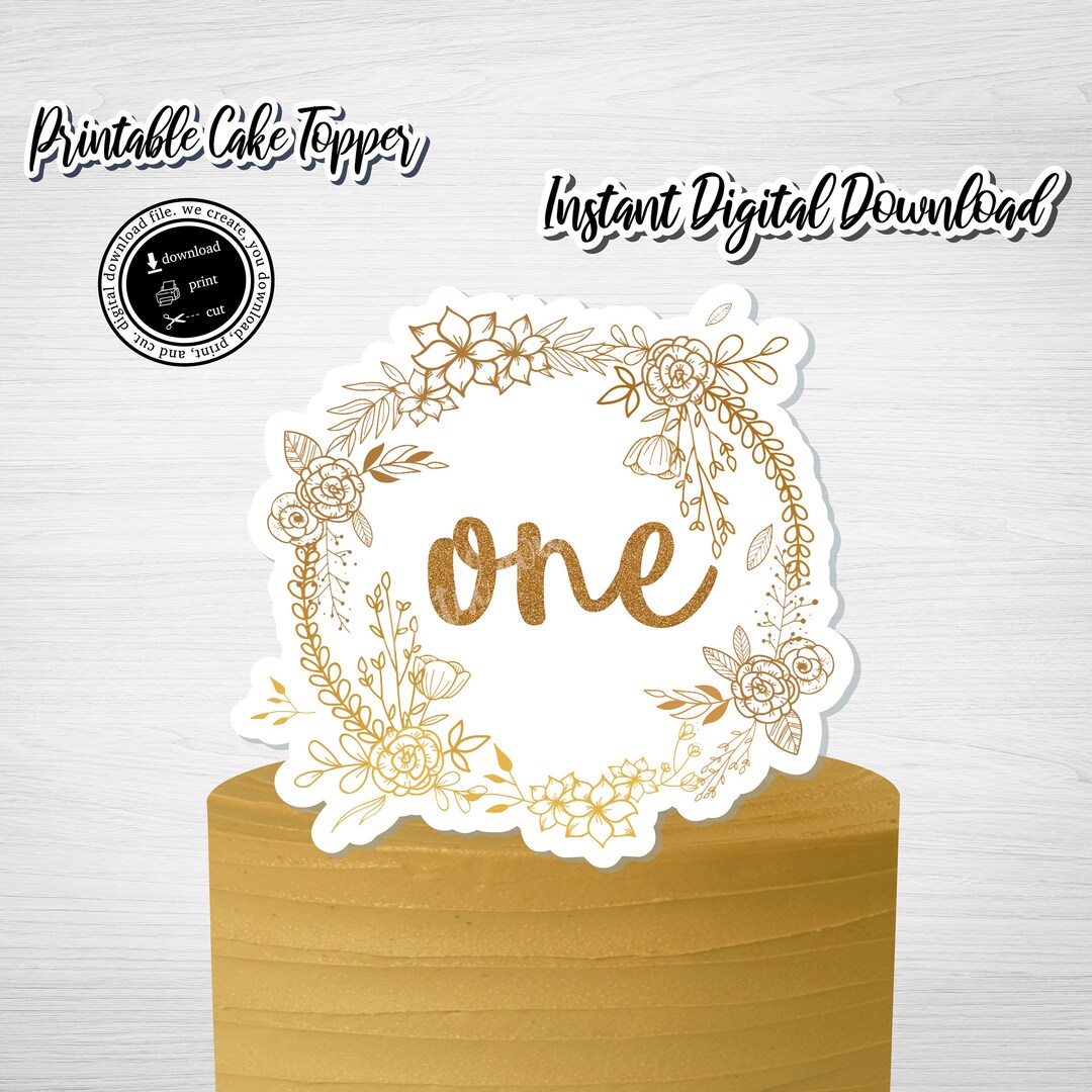Boho First Birthday Cake Topper: Golden Floral Wreath (digital Download ...