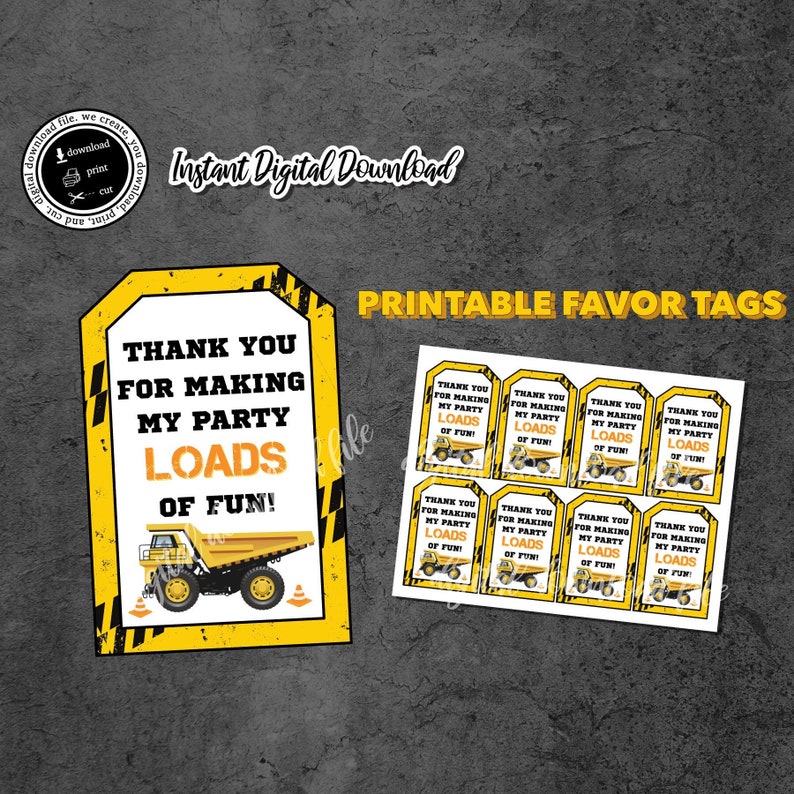 Construction Party Favor Tags: Printable Birthday Thank You (digital ...