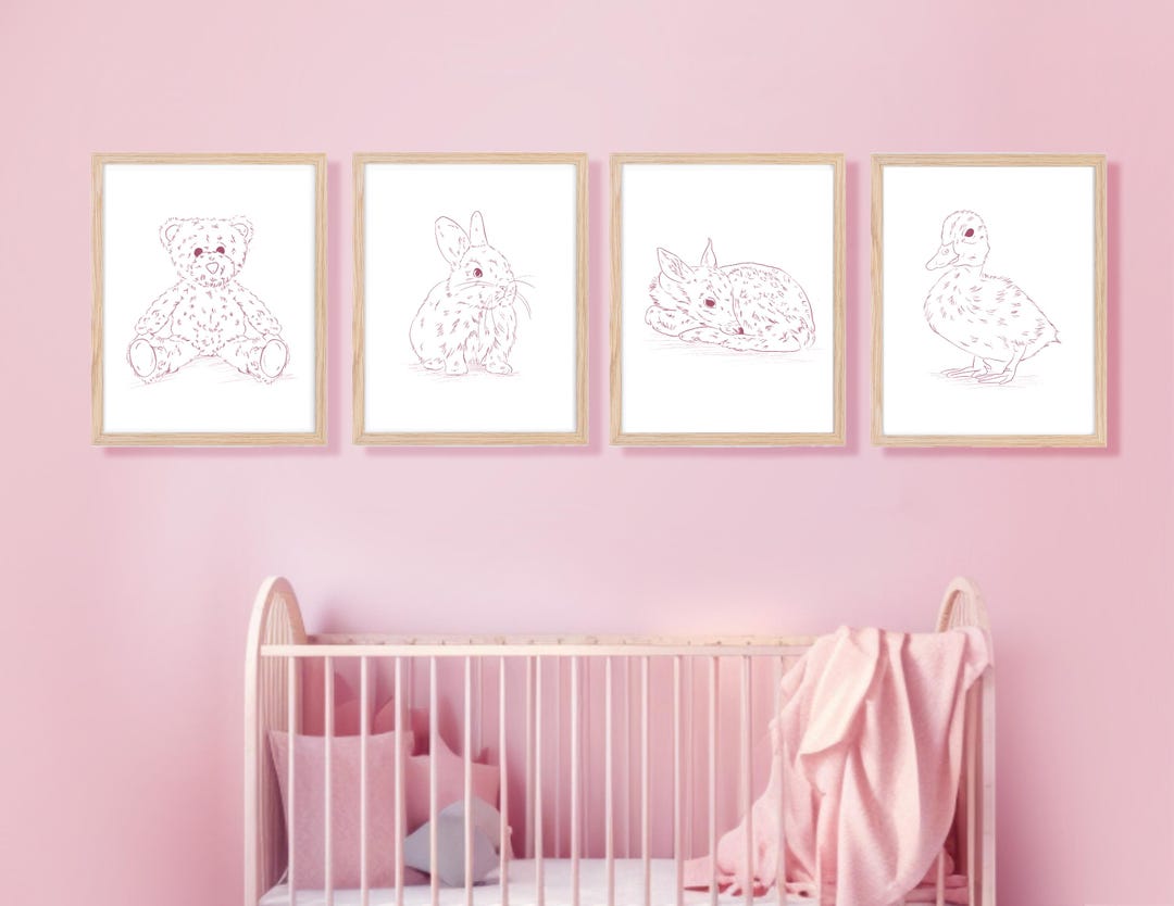 Printable Pink Storybook Style Illustrations for Girls Nursery Animals ...