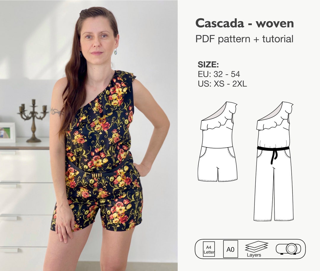 Women One Shoulder Overall Pattern for Woven, off the Shoulder Ruffle ...