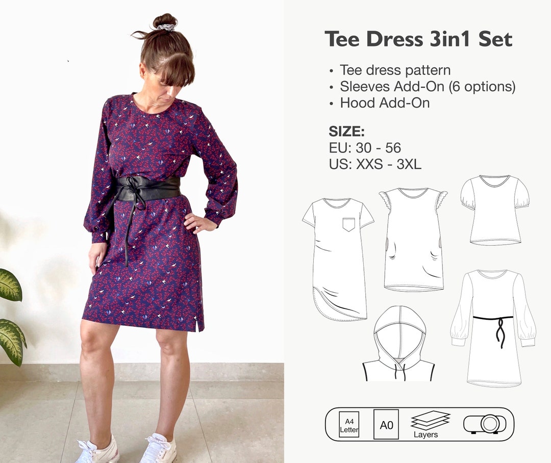 Tee Dress With Hood Sewing Pattern Set, T Shirt Dress Mini and Maxi ...