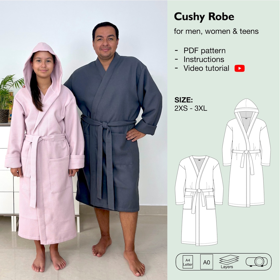 Men and Women Bathrobe Pdf Sewing Pattern, Hooded Robe, Kimono Robe ...