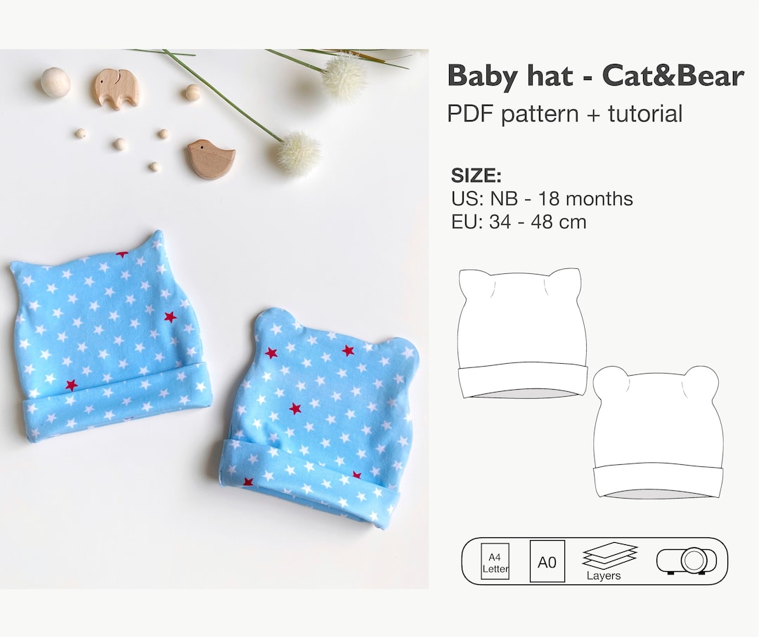 Baby Beanie Hat Sewing Pattern, Baby Animal Ear Hat, Baby Hat With Ears ...
