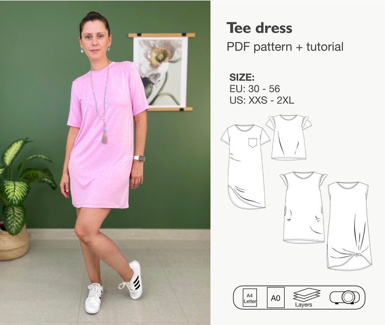 Tee Dress Sewing Pattern T Shirt Dress Mini and Maxi Length - Etsy