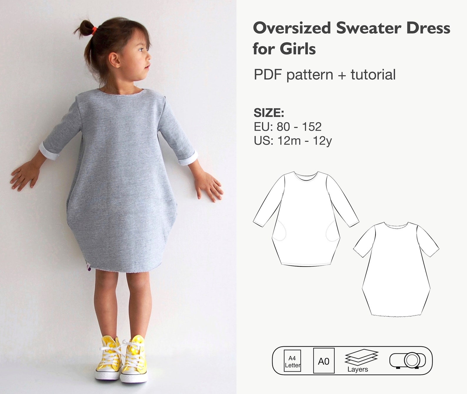 Girls Sweatshirt Dress Pattern Pdf Oversized Sweater Sewing - Etsy