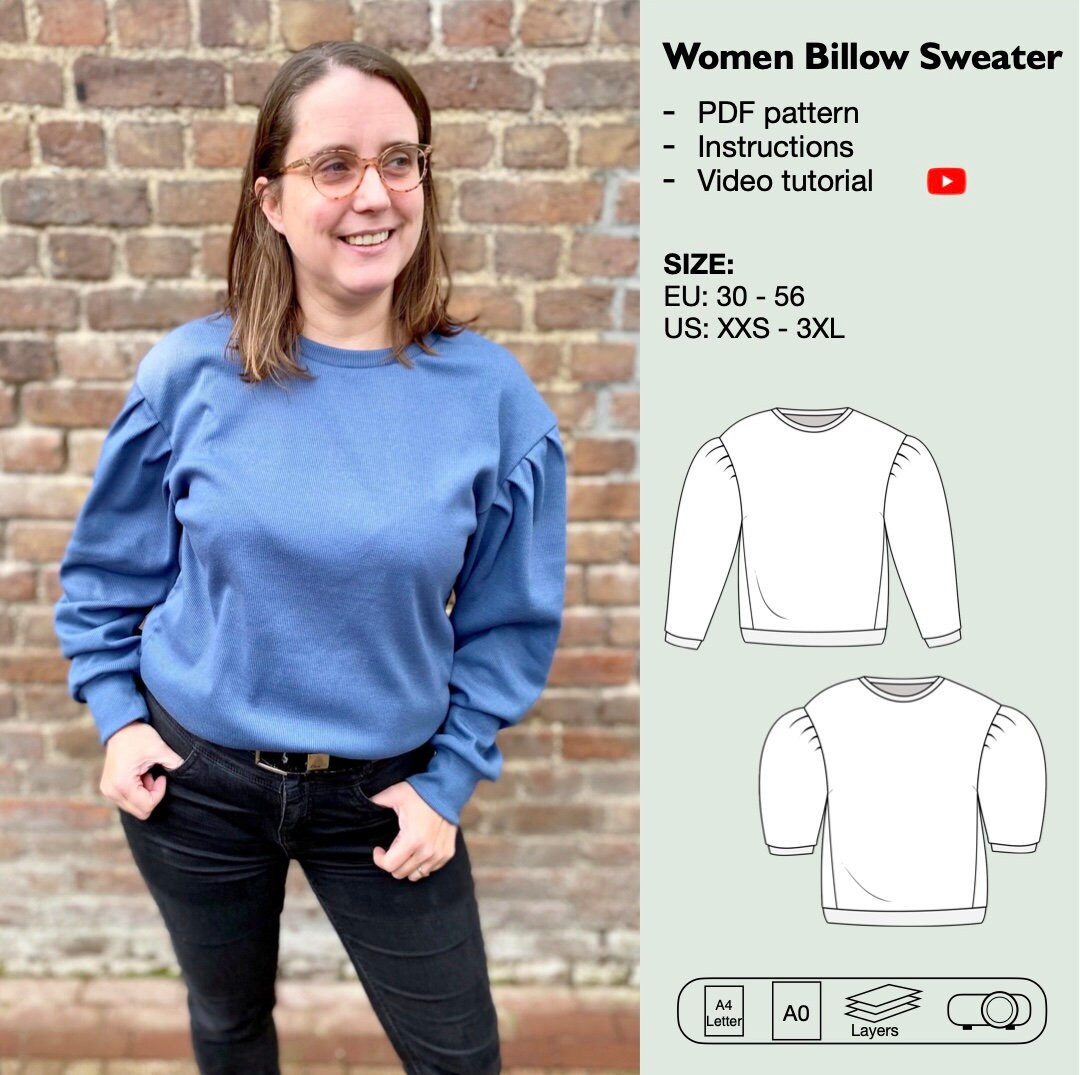 Women Pleated Sleeves Sweater Sewing Pattern, Puffed Sleeves Shirt ...