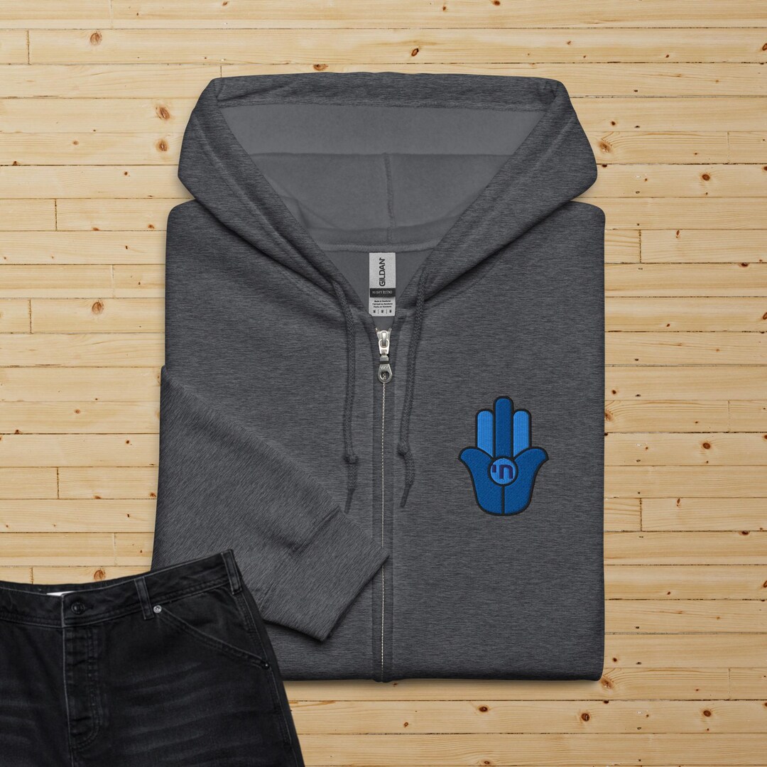 Hamsa With Hebrew Chai Embroidered Full Zip Hoodie, Jewish Symbols Blue ...