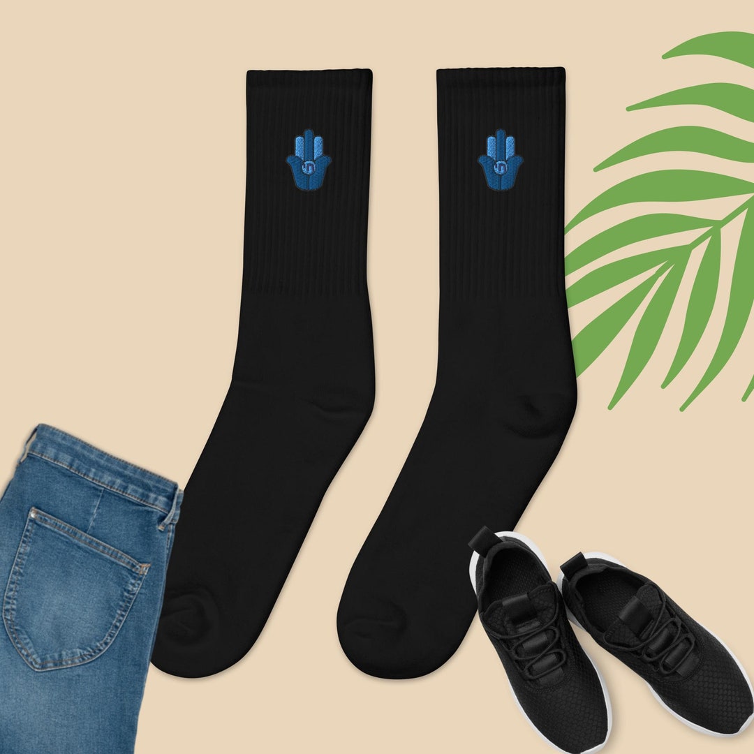 Hamsa Hebrew Chai Embroidered Crew Socks, Jewish Symbols Embroidery ...