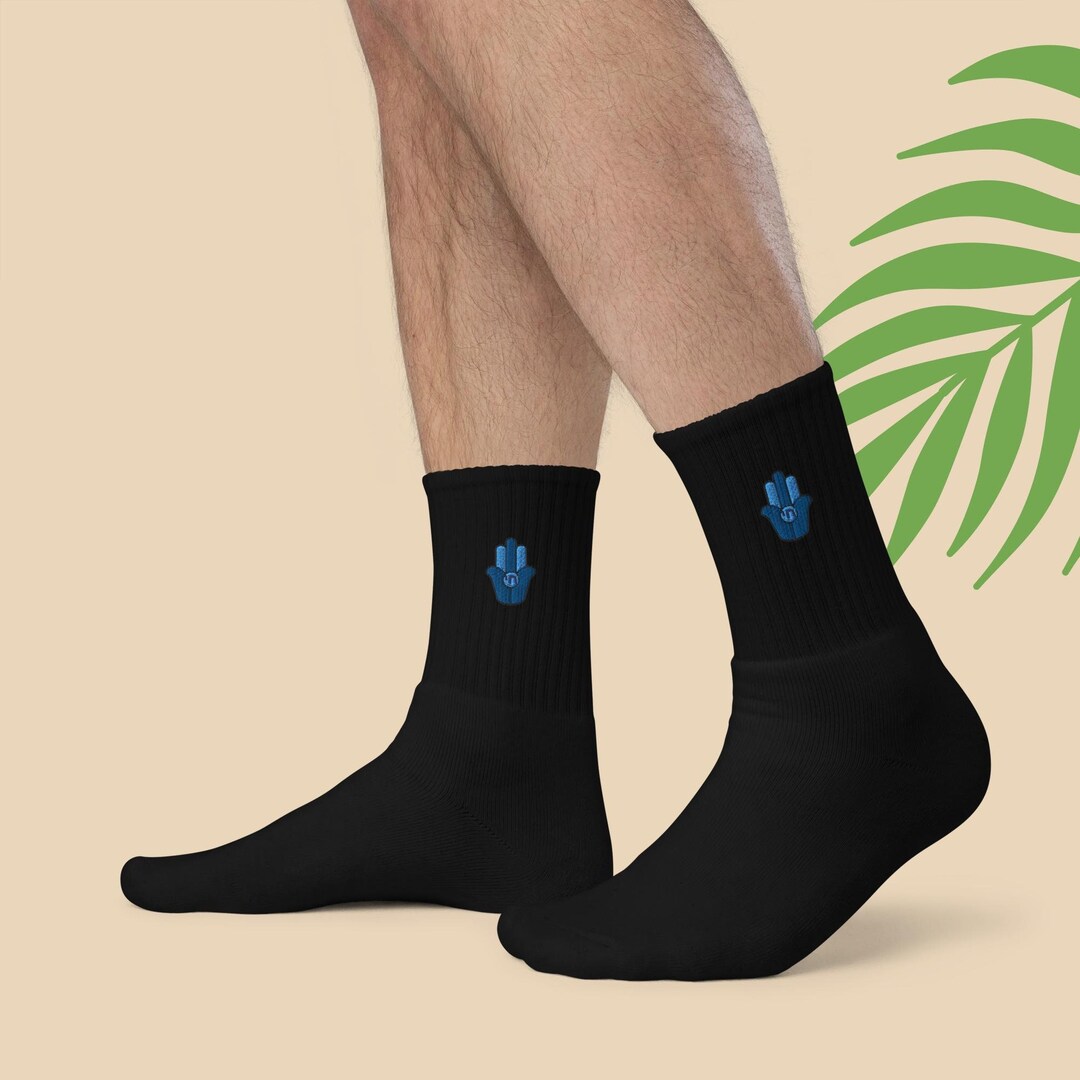 Hamsa Hebrew Chai Embroidered Crew Socks, Jewish Symbols Embroidery ...