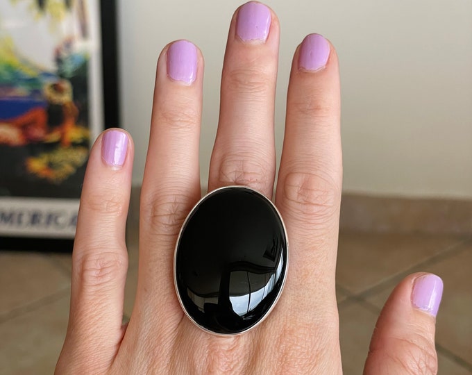 XXL Onyx Statement Ring, Onyx and Sterling Silver Ring, Adjustable Ring, Extra Large Black Onyx ...