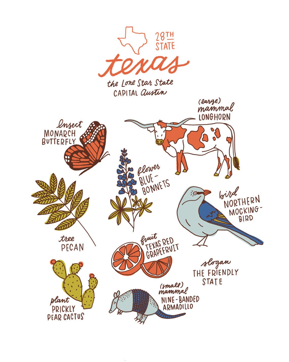 Texas State Symbols Illustration Print - Etsy