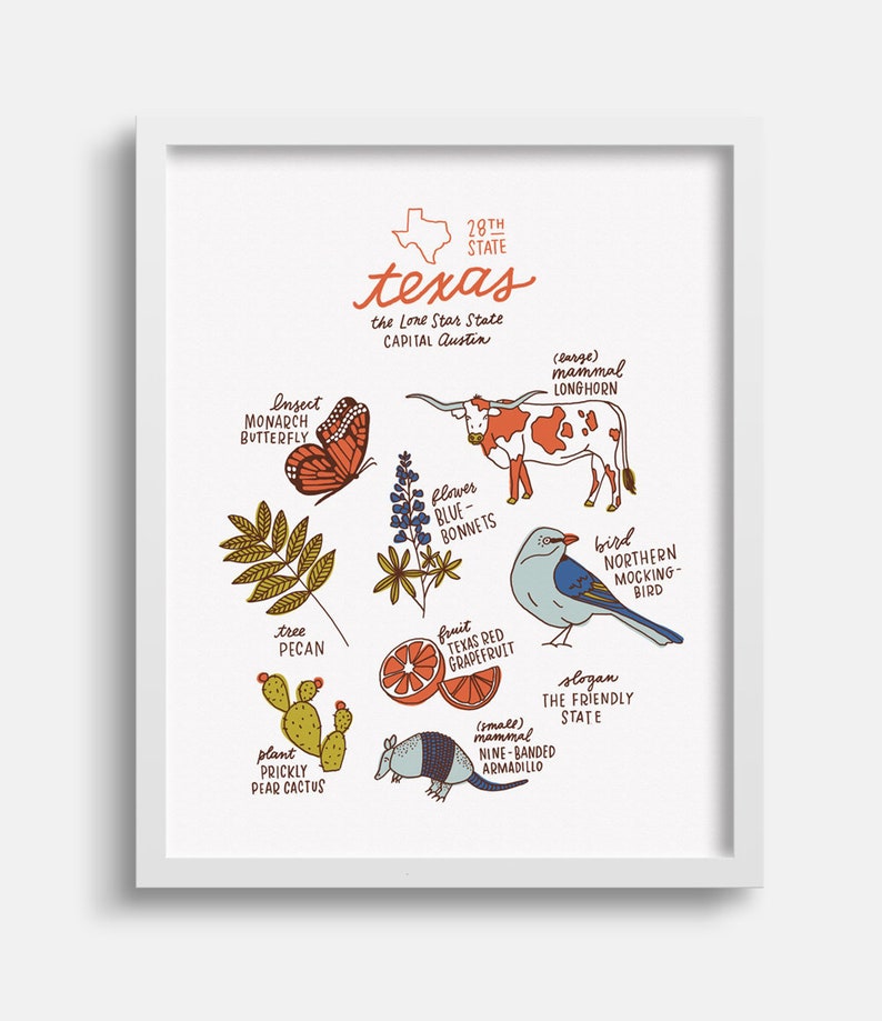 Texas State Symbols Illustration Print - Etsy