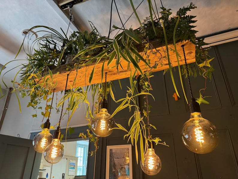 Reclaimed Wood Beam Chandelier | Rustic Plant Display Light (water ...