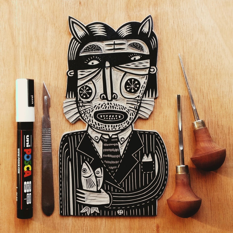 Man Cat Limited Edition Linocut Handmade Print - Etsy