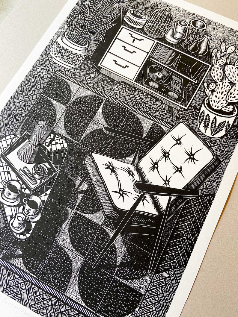 Mid Century Monochrome - Handmade Linocut From a Batch of Seconds - Etsy