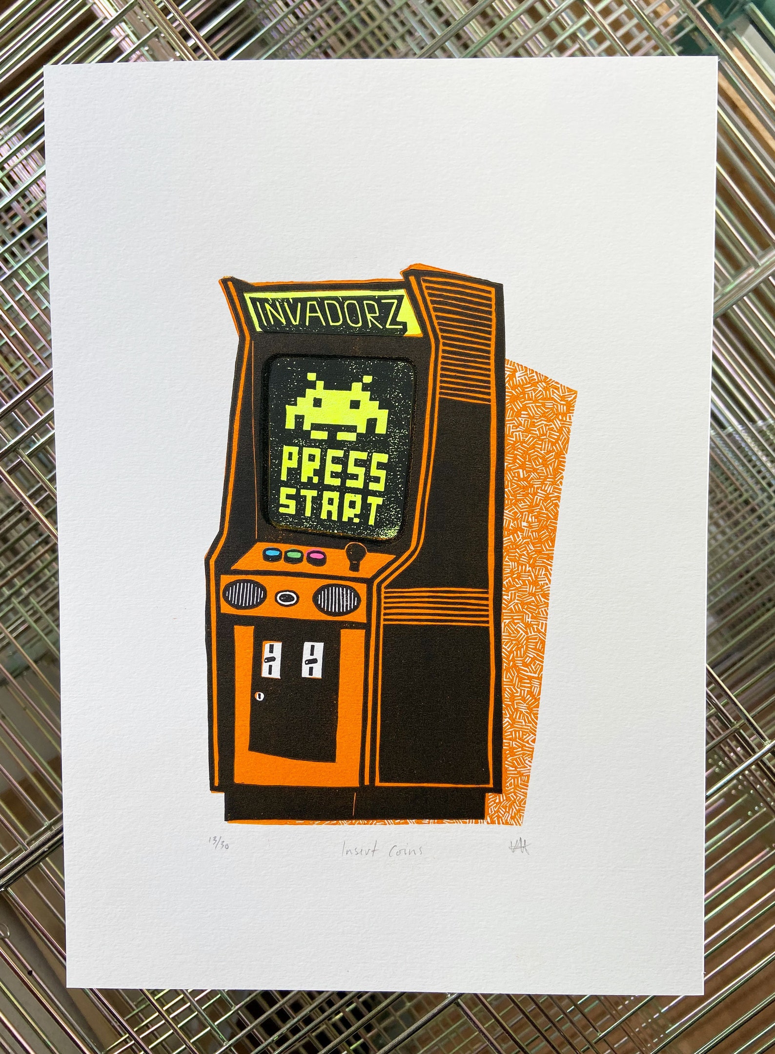 Insert Coins Arcade Machine 3 Colour Linocut Handmade Print Limited ...