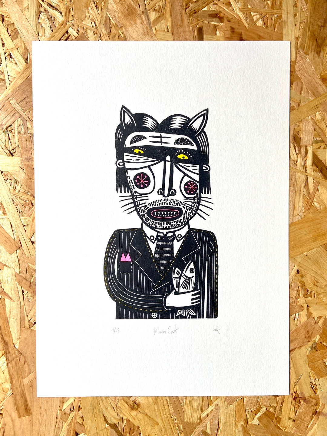 Man Cat Limited Edition Linocut Handmade Print - Etsy