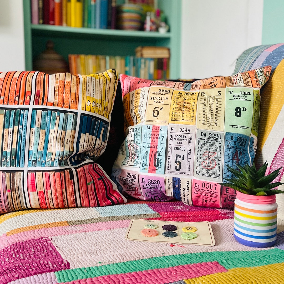 Double-sided Multicolour Cushion of Vintage Books and Bus Tickets - Etsy