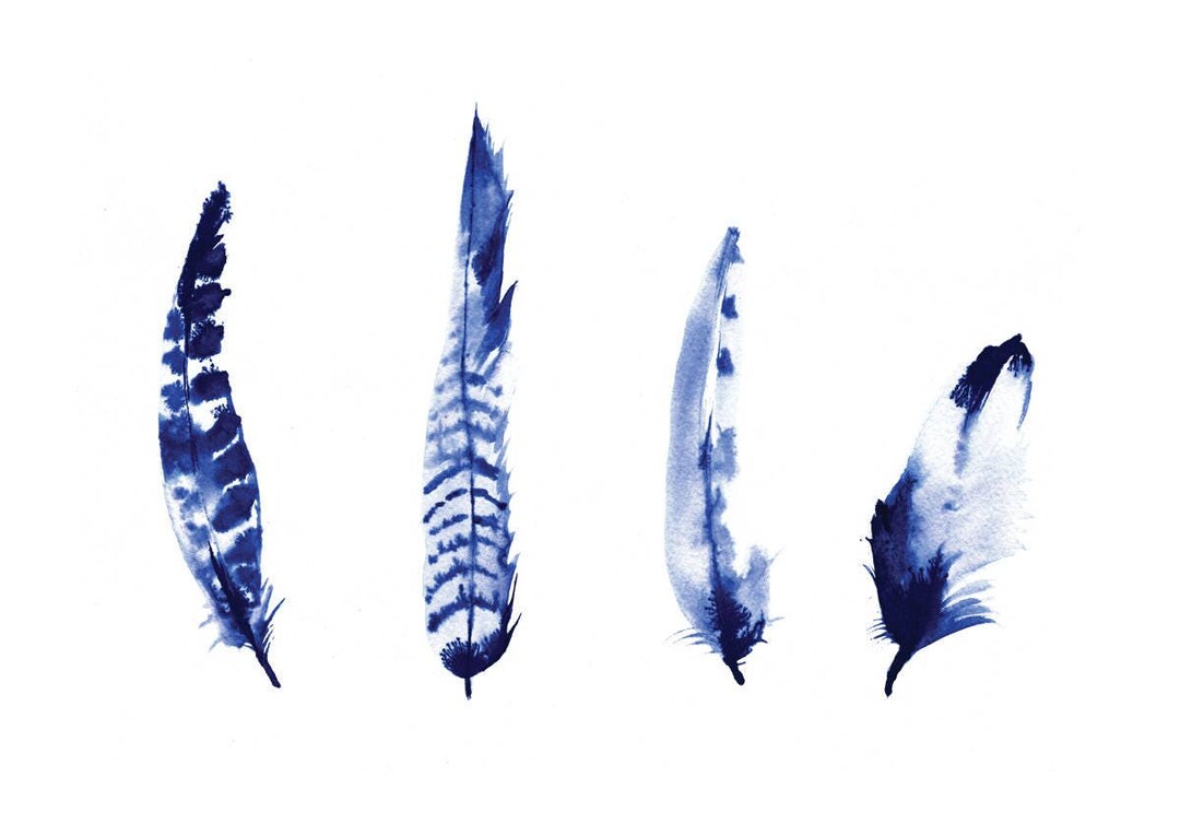 Feathers Ink Painting Wall Art Watercolour Feathers Hand Painted Indigo ...