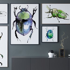 Stag Beetle Painting Print Poster Watercolour Ink Iridescent Emerald ...