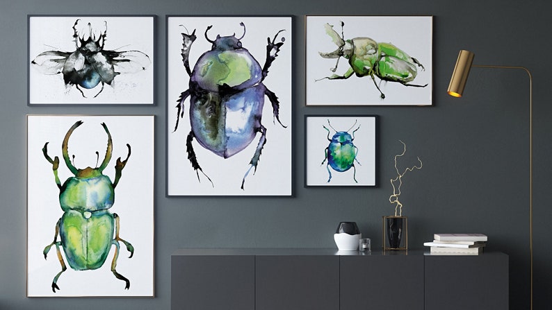 Stag Beetle Painting Print Poster Watercolour Ink Iridescent Emerald ...