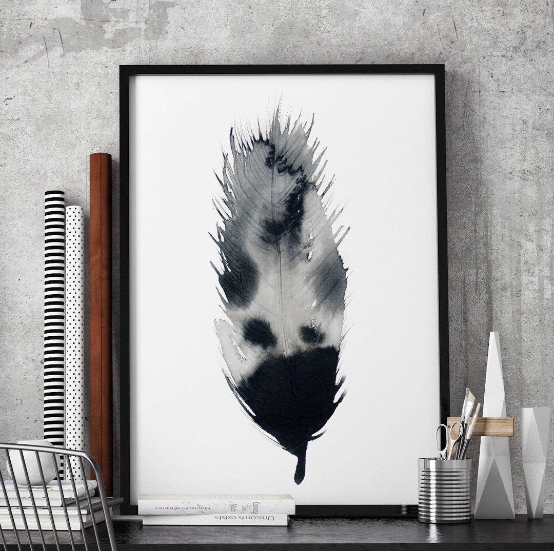 Watercolour Feather Painting Wall Art Inky Hand Painted Black White ...