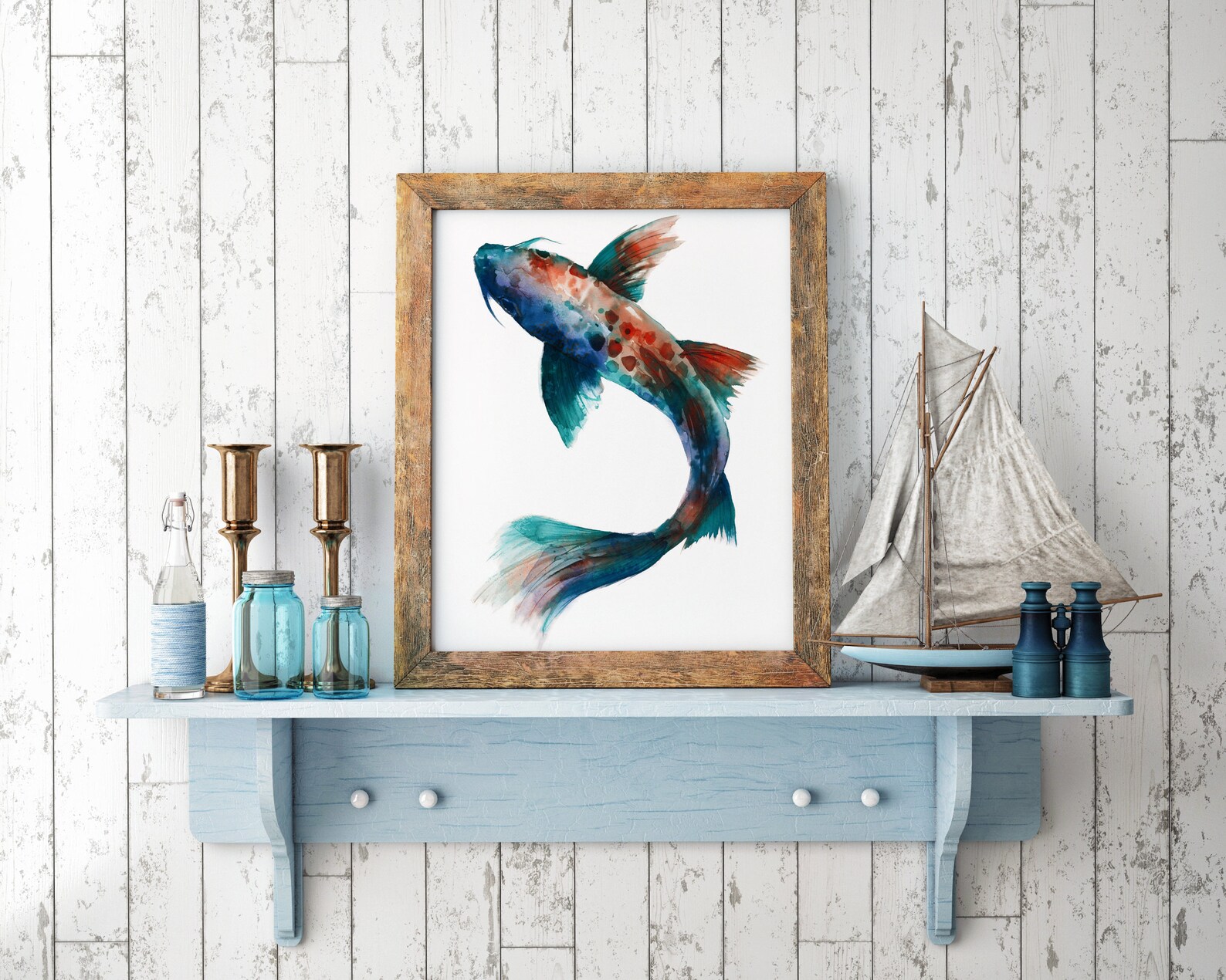KOI CARP Watercolour Painting Wall Art Fish Rivers Sea Ocean Nautical ...