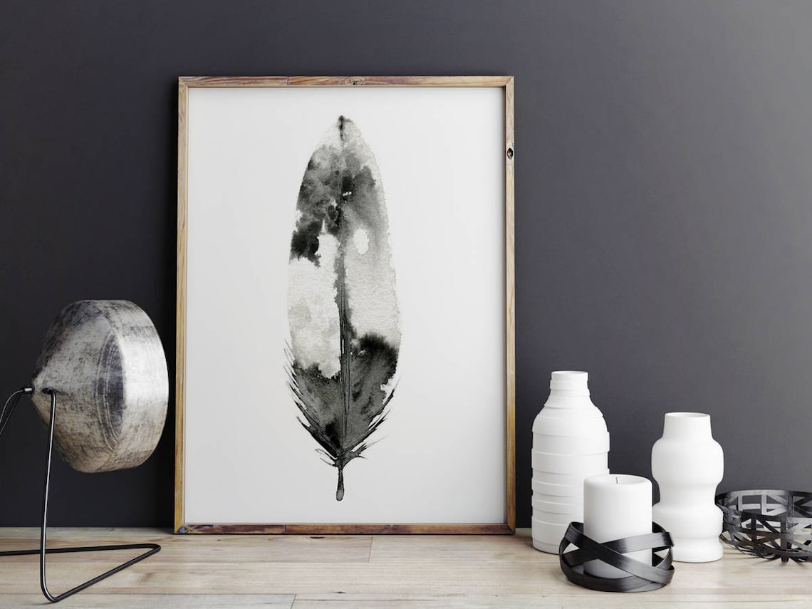 Watercolour Feather Painting Wall Art Inky Hand Painted Black White ...