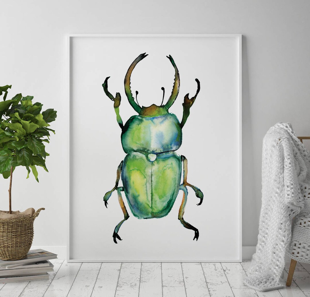Stag Beetle Painting Print Poster Watercolour Ink Iridescent Emerald ...