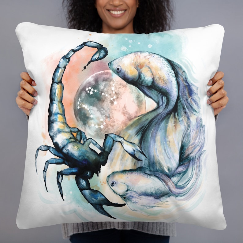 Scorpio & Pisces Pillow Hand Painted Cushion Zodiac Couples Valentines ...