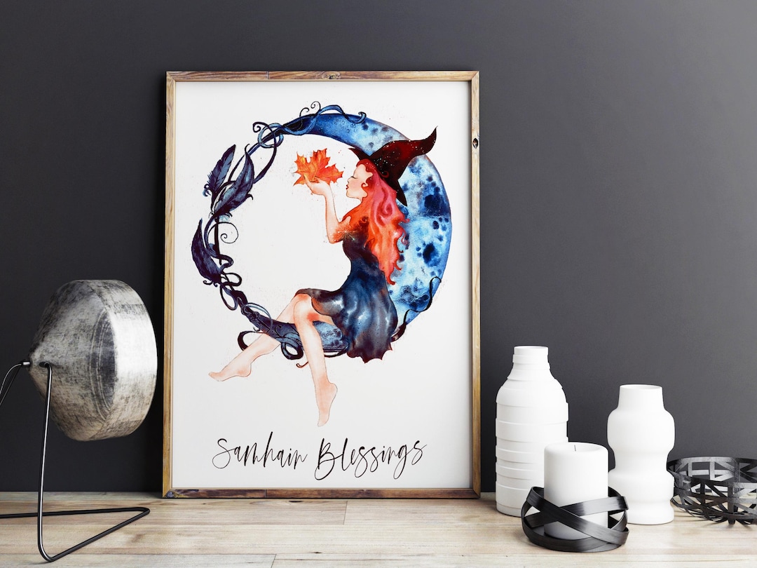 Personalised Moon Witch Art Print Art Nouveau Watercolour Ink Painting ...