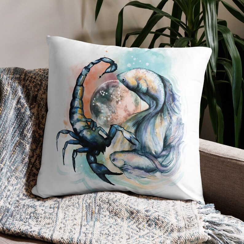 Scorpio & Pisces Pillow Hand Painted Cushion Zodiac Couples Valentines ...