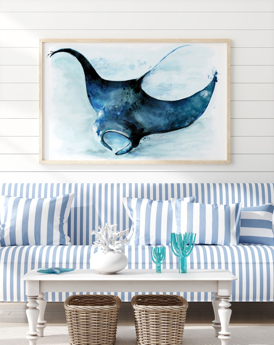 Manta Ray Watercolour Painting Wall Art Ocean Nautical Poster Coastal ...