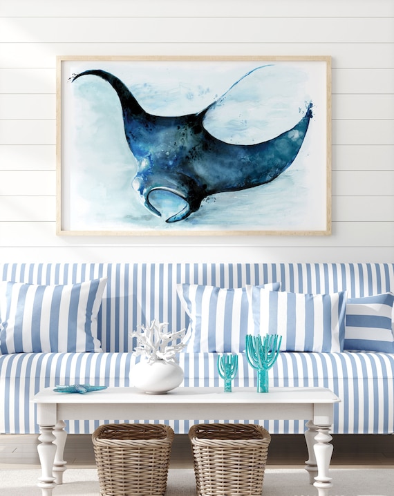 Manta Ray Watercolour Painting Wall Art Ocean Nautical Poster - Etsy