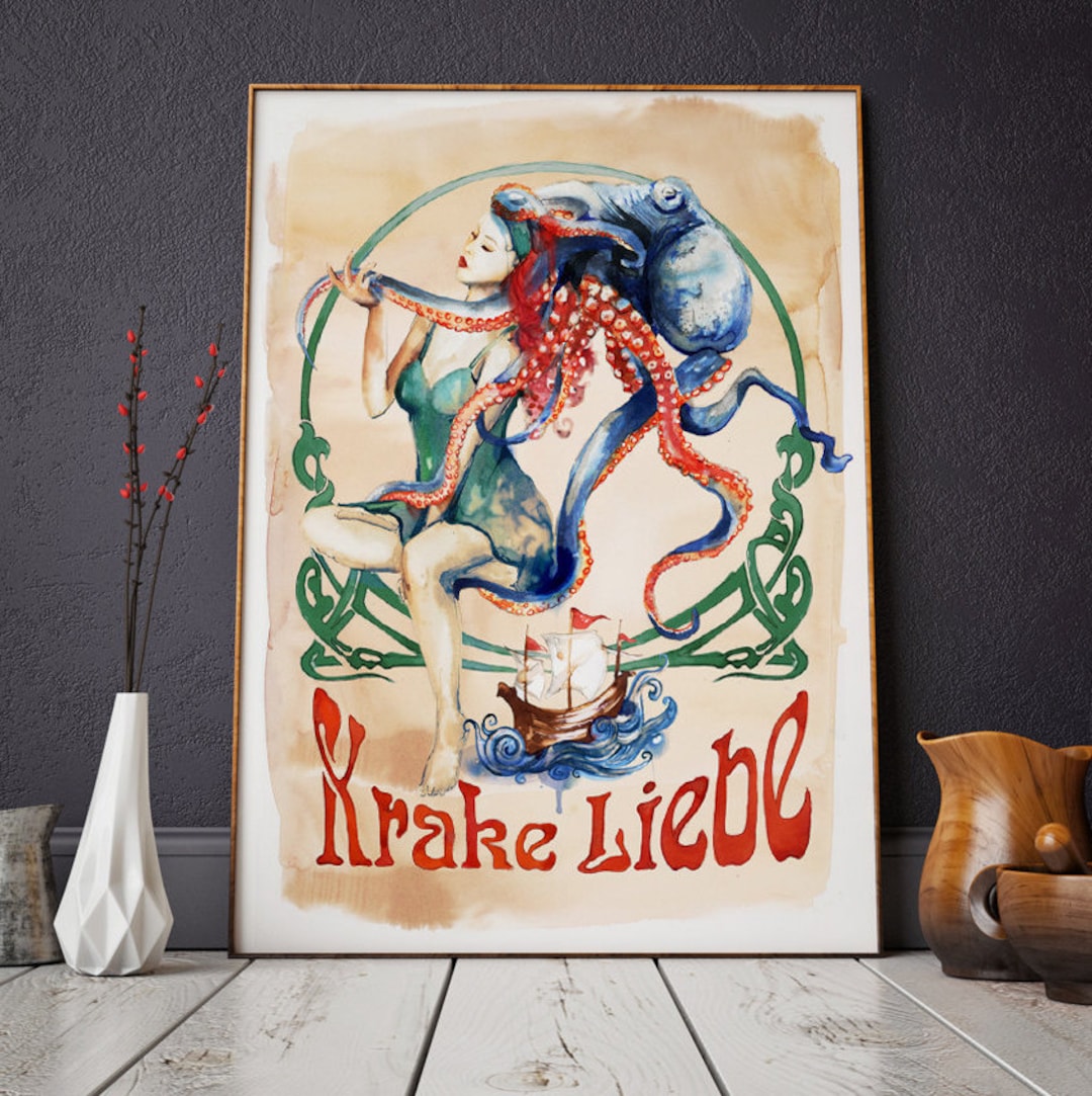 Octopus Mermaid Vintage Retro Pirate Art Nouveau Pin up Watercolour ...