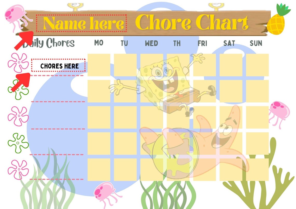 Kids Spongebob Chore Chart | Editable Weekly Chore Chart | Printable ...