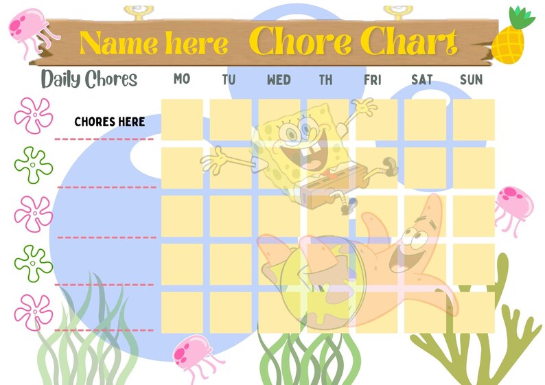 Kids Spongebob Chore Chart | Editable Weekly Chore Chart | Printable ...