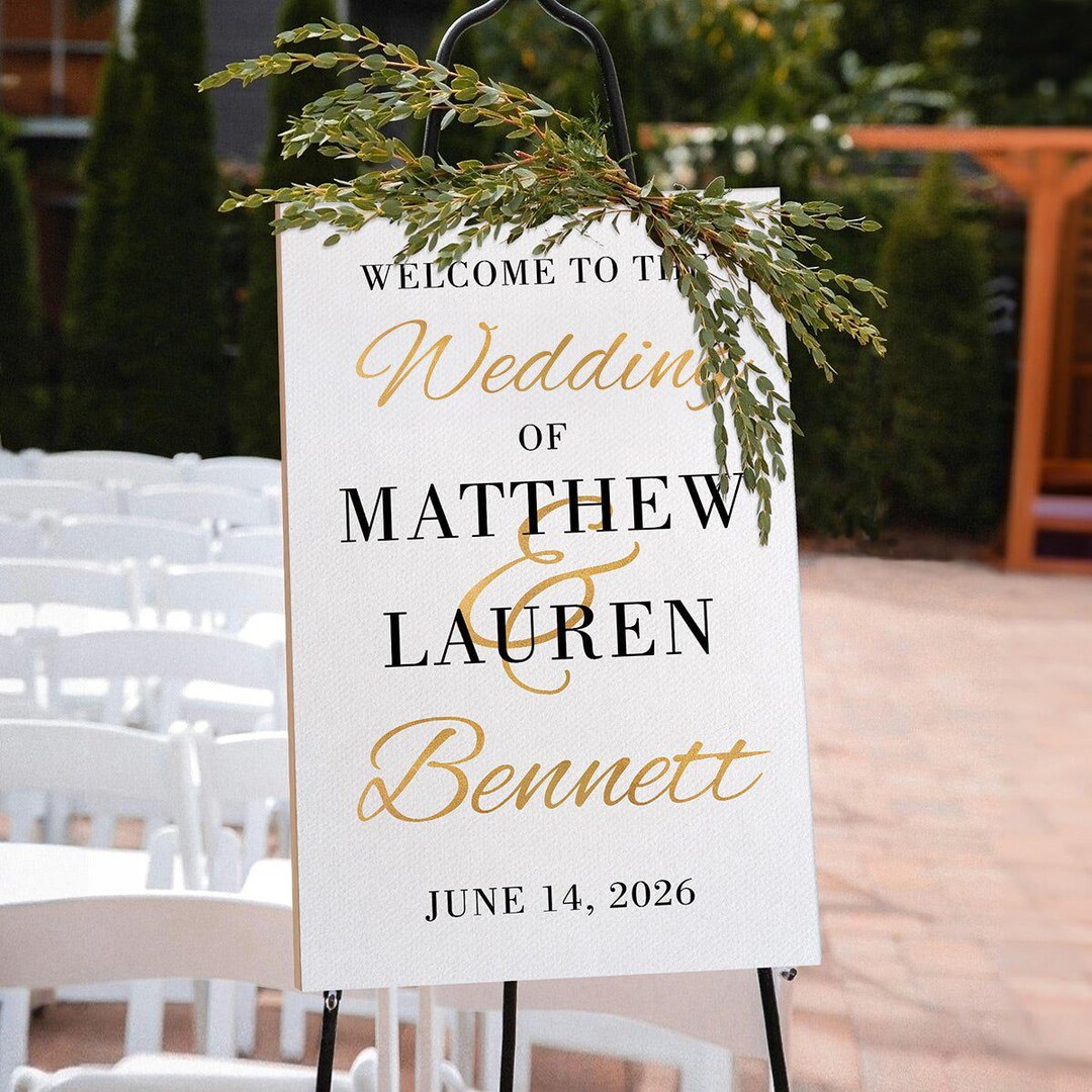Custom Wedding Welcome Sign - Elegant Black & Gold Personalized Name ...