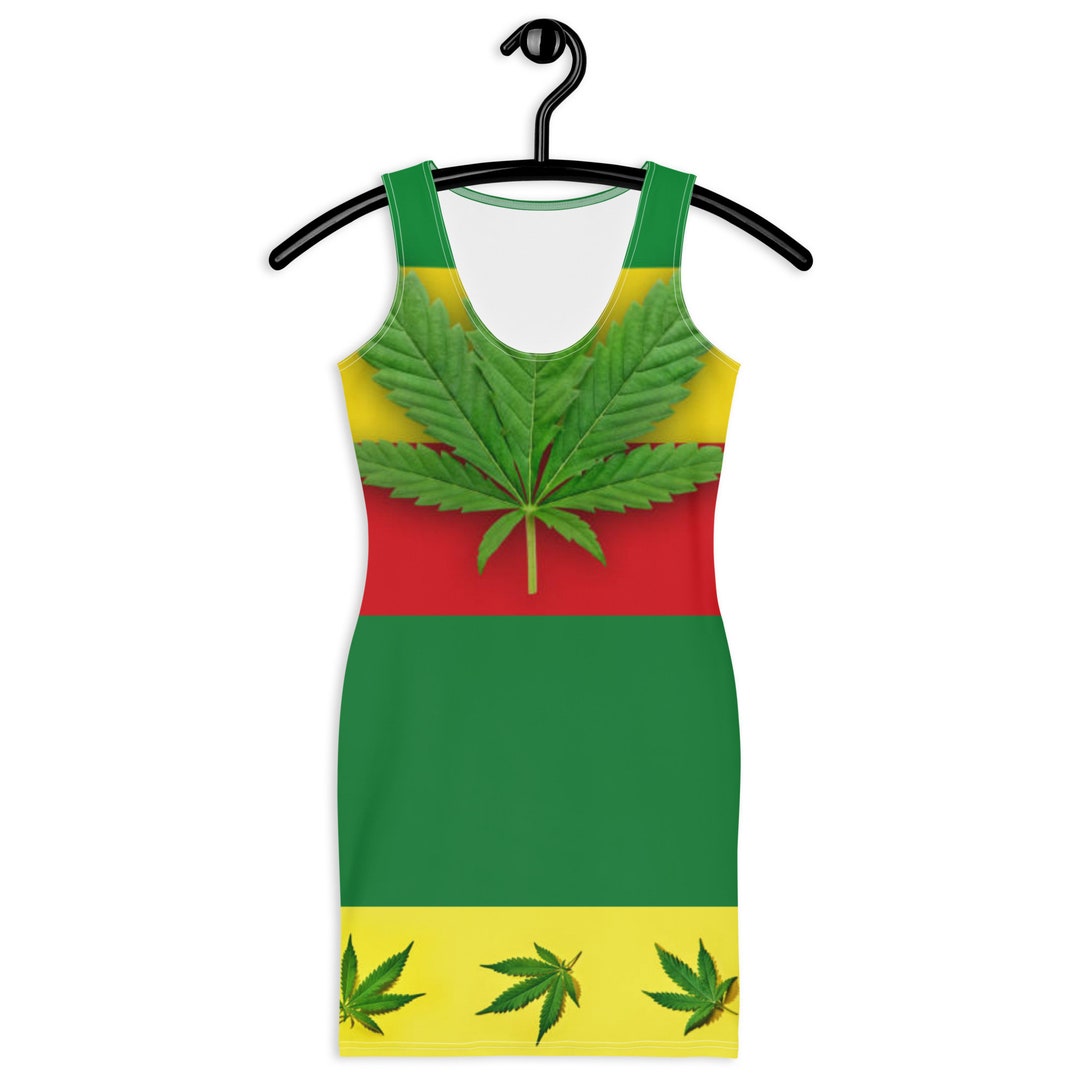 Fifth Degree™ Hippie Clothes, Weed Clothing Cannabis Leaf Print Dress Green Stoner Reggae Outfit ...