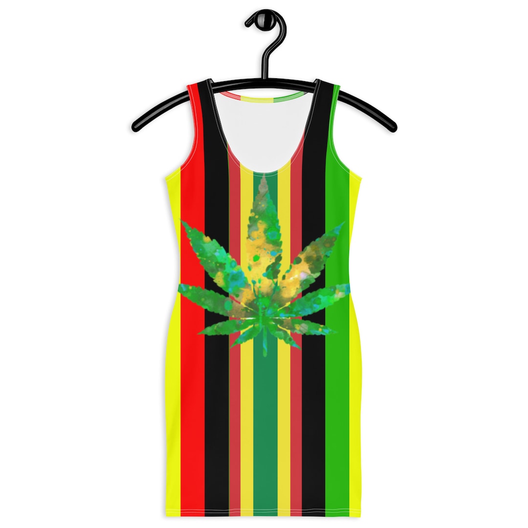Fifth Degree™ Hippie Clothes Women Retro Weed Print Pot Leaf Rasta Color Cannabis Dress ...