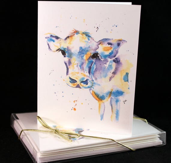 Set of Original PRINT Watercolor Cow Cards Animal Note | Etsy