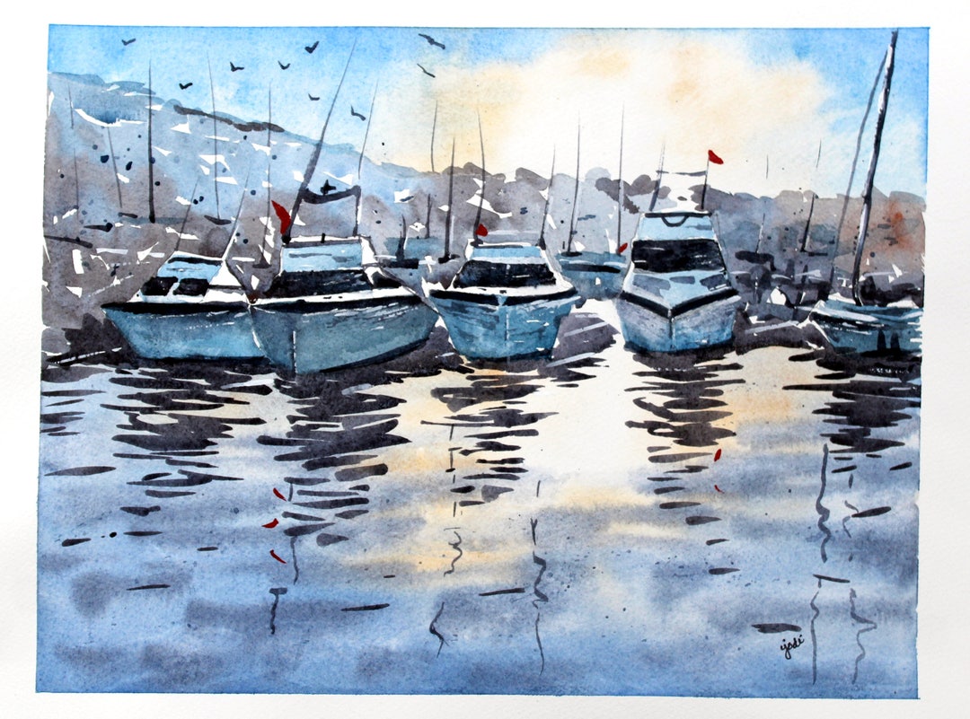Boats in the Marina Watercolor Print of Original Painting, Watercolor ...