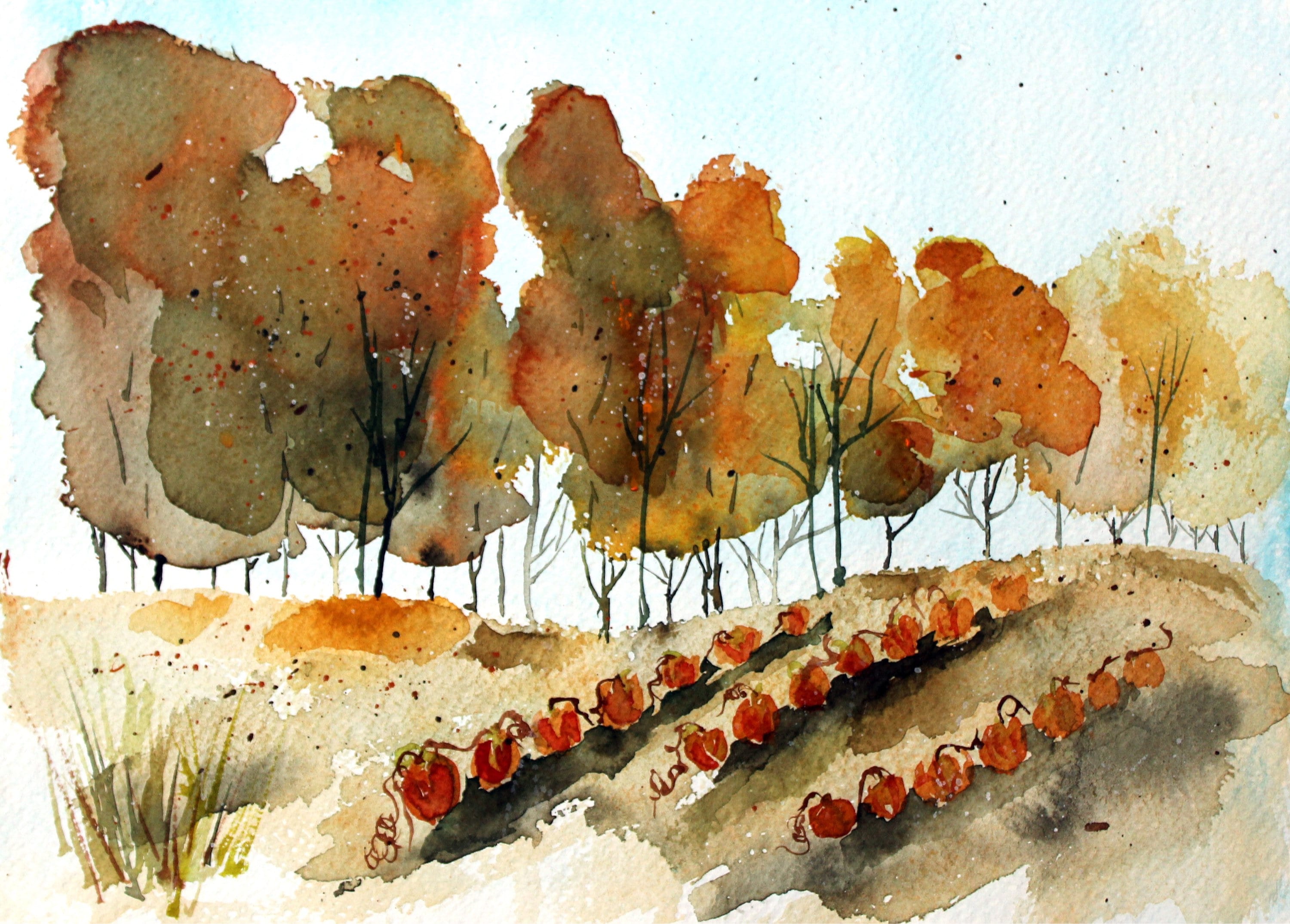 Watercolor Pumpkin Patch PRINT, Watercolor Pumpkins, Fall Landscape ...