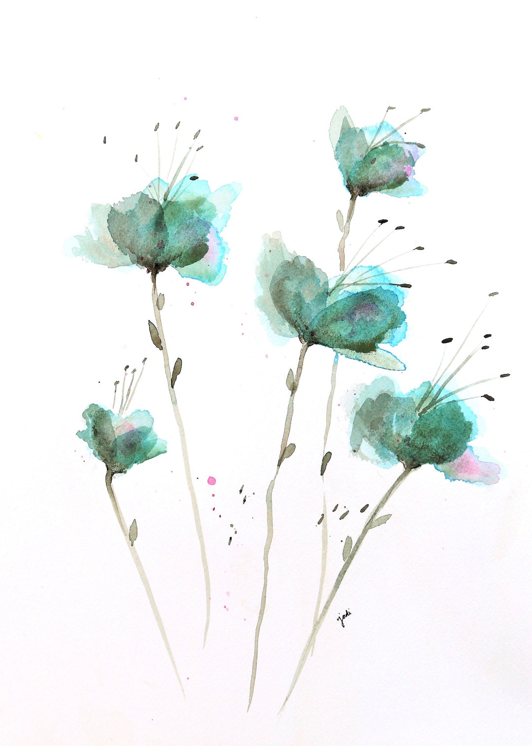 Cascade Green Blue Watercolor PRINT, Flower / Floral Abstract Botanical ...