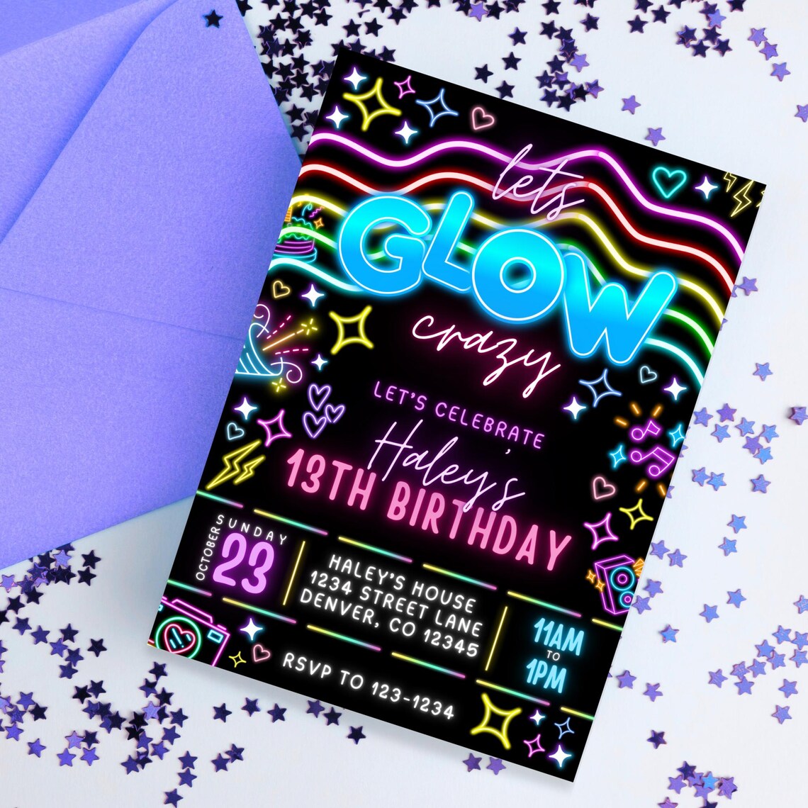 Editable Glow Party Birthday Invitation | Neon Glow in the Dark Invite ...