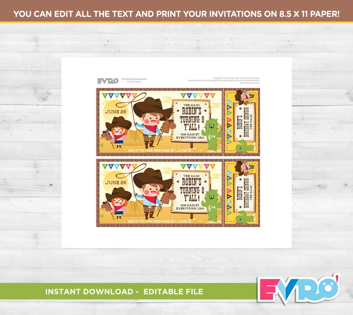 Cowboy Party.cowboy Invitation.kid's Party.rodeo Party.ticket ...